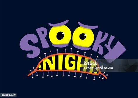 으스스한 밤 할로윈에 벡터 그림입니다 짙은 파란색 배경에 겁에 질린 얼굴 만화 스타일 손으로 쓴 텍스트가 있는 초대장 또는 인사말 카드 10월에 대한 스톡 벡터 아트 및