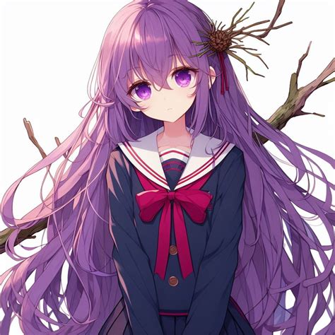 보라색 아주 긴 머리의 여학생 머리에 나뭇가지 한 개를 달고 있다 빨간색 리본에 남색 조끼의 교복을 입고 있다 소심한 표정 웹툰 일러스트