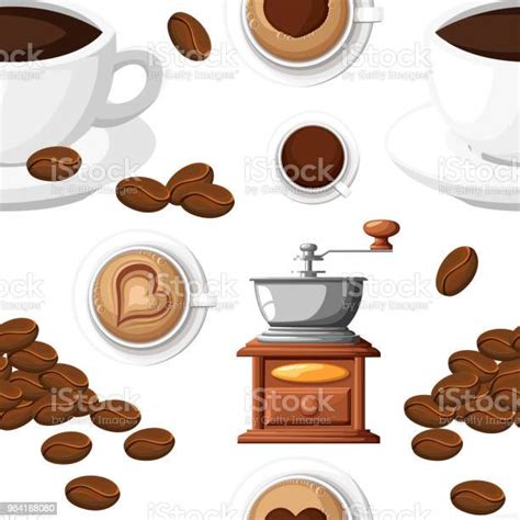 클래식 커피 분쇄기 커피 콩 수동 커피 밀의 무리와 흰색 바탕에 격리는 커피 컵 벡터 일러스트 레이 션의 한 잔의 완벽 한 패턴 가정 주방에 대한 스톡 벡터 아트 및 기타