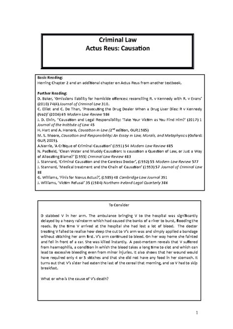 Actus Reus Causation Criminal Law Actus Reus Causation Basic Reading Herring Chapter 2 And
