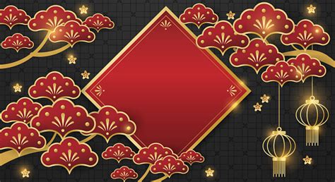 나뭇가지에 금등불이 걸려 있는 중국 축제 배너 떨어지는 꽃과 함께 복사 공간을 위한 빨간 프레임 중국 설날 음력 설날 중추절 디자인 Blessing에 대한 스톡 벡터 아트