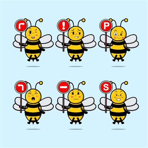 현대 3d 스타일 디자인에 교통 표지를 들고 귀여운 꿀벌 만화 캐릭터 프리미엄 벡터