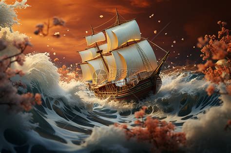 波涛汹涌海浪中的帆船插画图片下载 正版图片600507061 摄图网