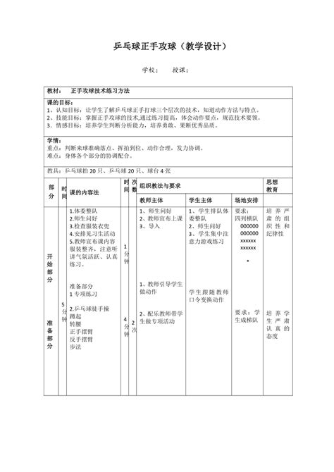 乒乓球正手攻球教案表格式 体育与健康四年级上册 21世纪教育网 二一教育
