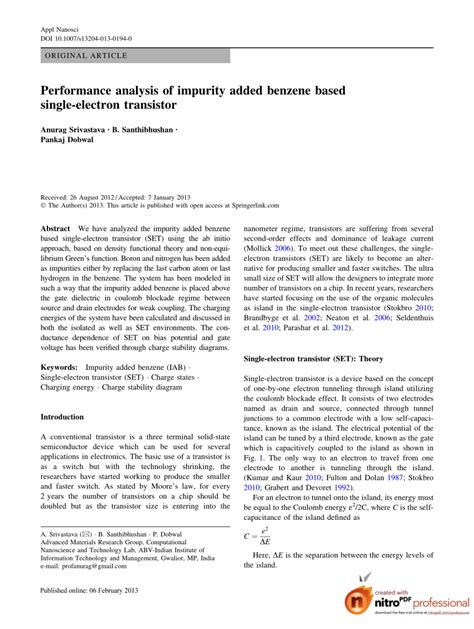 Pdf Performance Analysis Of Impurity Added Benzene Based Single Electron Transistor