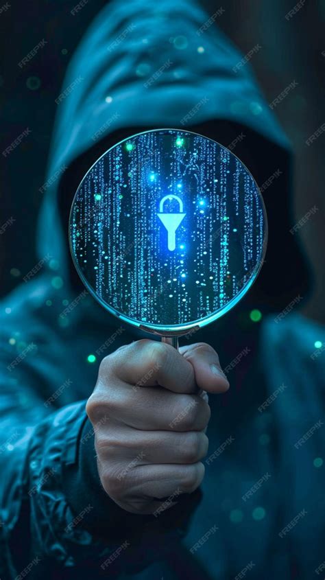 Premium Ai Image Data Breach Threat Hacker With Magnifying Glass Signifies Potential Cyber