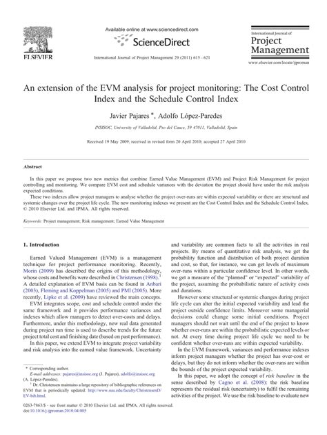 Pdf An Extension Of The Evm Analysis For Project Monitoring The Cost Control Index And The