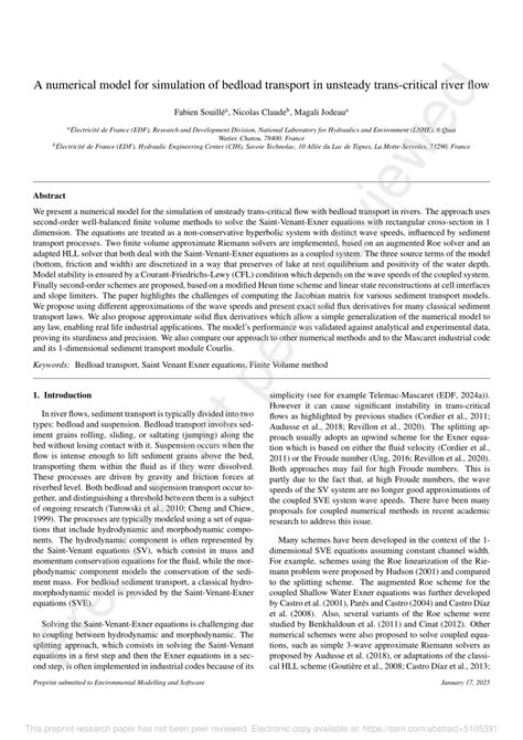 Pdf A Numerical Model For Simulation Of Bedload Transport In Unsteady Trans Critical River Flow