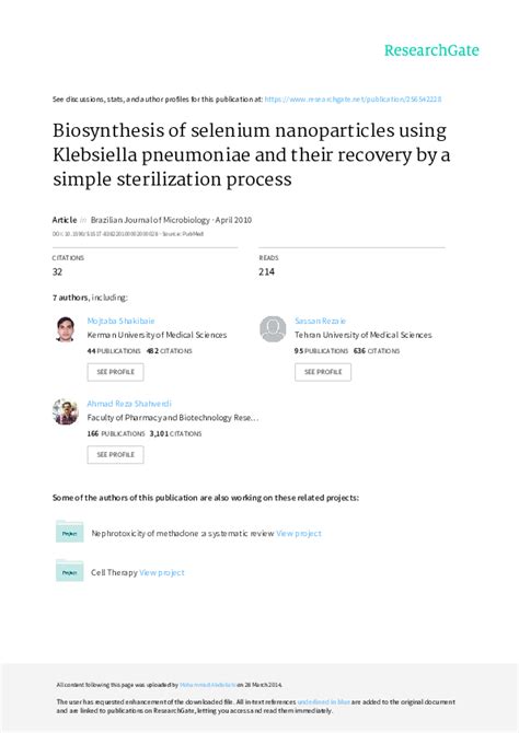 Pdf Biosynthesis Of Selenium Nanoparticles Using Klebsiella Pneumoniae And Their Recovery By A