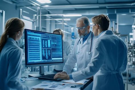 A Group Of Doctors Analyzing Research Data On A Computer Premium Ai Generated Image