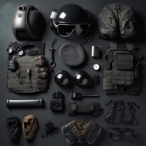 Premium Ai Image A Collection Of Items Including A Helmet Sunglasses And A Mask