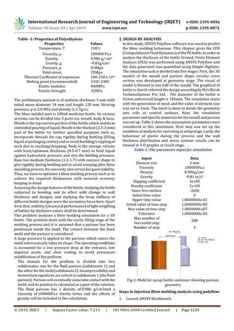 Irjet Simulation Of Blow Molding Of Polyethylene Bottle Using Ansys