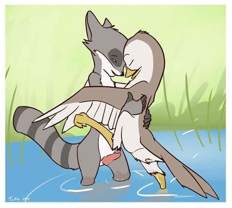 Rule 34 2014 Ambiguous Gender Avian Bird Cloaca Hug Male Nude Outside Penis Raccoon Raised Leg