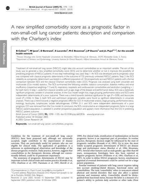 Pdf A New Simplified Comorbidity Score As A Prognostic Factor In Non Small Cell Lung Cancer