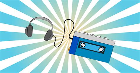 헤드폰이 있는 레트로 오디오 음악 카세트 플레이어 파란색 광선 배경에 70년대 80년대 90년대의 괴짜를 위한 오래된 빈티지 힙스터 1980 1989 년에 대한 스톡 벡터