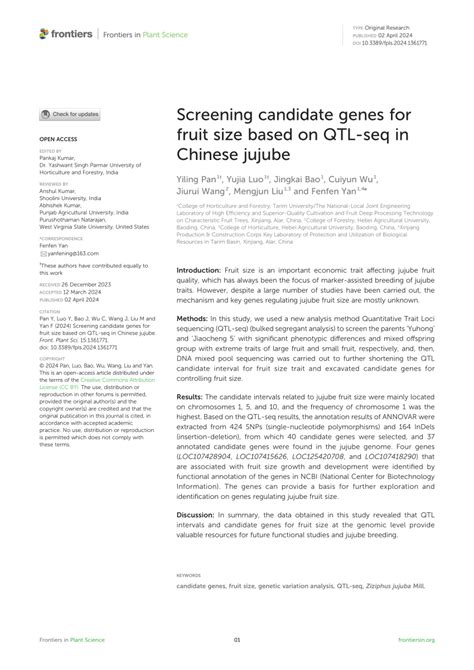Pdf Screening Candidate Genes For Fruit Size Based On Qtl Seq In Chinese Jujube