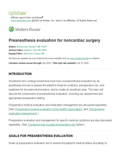Preanesthesia Evaluation For Noncardiac Surgery Uptodate Pdf Pdf Hypertension Anesthesia