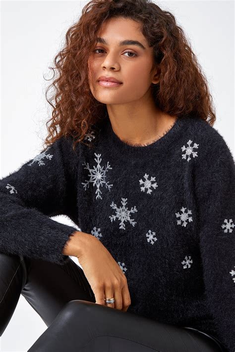 Black Snowflake Sequin Fluffy Stretch Jumper Roman Uk