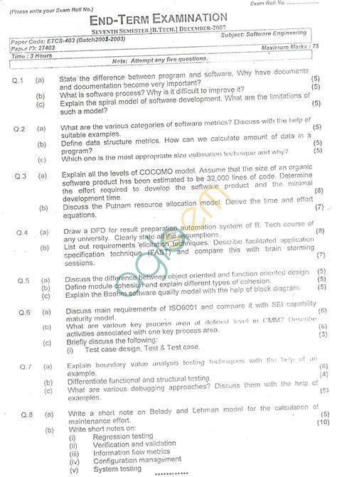ggsipu question papers seventh semester end term 2007 etcs 403