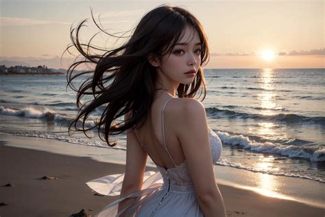 해질녘 해변에서 드레스를 입은 아라페 소녀 Seaart Ai