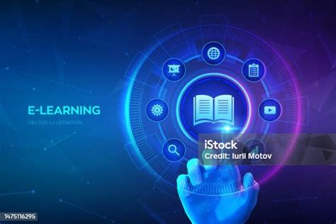 전자 학습 혁신적인 온라인 교육 및 인터넷 기술 개념 웨비나 교육 온라인 교육 과정 기술 개발 손을 만지는 디지털 인터페이스 벡터 그림입니다 개발에 대한 스톡 벡터 아트 및