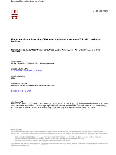 Numerical Simulations Of A 15mw Wind Turbine On A Concrete Tlp With Rigid Pipe Pdf Damping