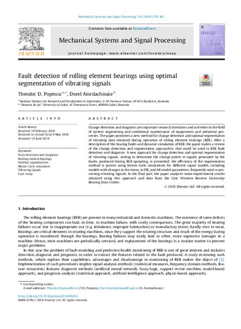 Pdf Fault Detection Of Rolling Element Bearings Using Optimal Segmentation Of Vibrating Signals