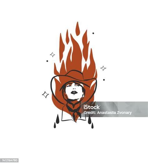 손으로 그린 추상 벡터 그래픽 클립 아트 일러스트 보호 카우걸 모자 초상화 서양 여성 디자인 개념 보헤미안 야생 서부 현대 미술 카우보이 소녀 현대 그림 미국 카우걸 로고