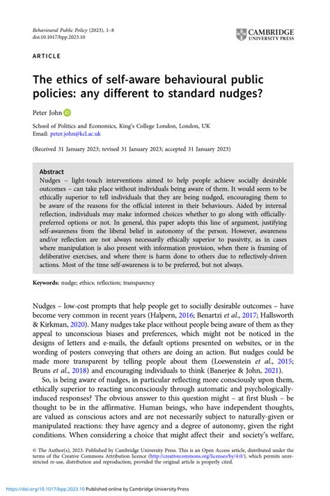 Pdf The Ethics Of Self Aware Behavioural Public Policies Any Different To Standard Nudges