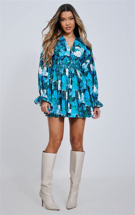 Blue Abstract Button Down Binding Shift Dress Dresses Plt