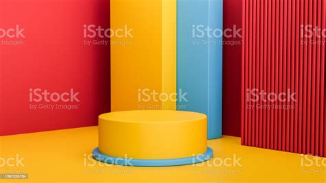 원형 활기찬 빈 방 배경을 가진 현대적인 트렌디 한 컬러 실린더 연단 추상 제품 디스플레이 프리젠 테이션 최소한의 벽 장면 스튜디오 룸 파운데이션에 대한 스톡 사진 및 기타