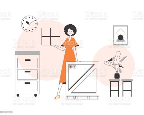 여자는 소포를 들고 있습니다 상품 및 소포 배달의 개념 선형 트렌디 한 스타일 나름에 대한 스톡 벡터 아트 및 기타 이미지 나름 만화 모자 모자류 Istock