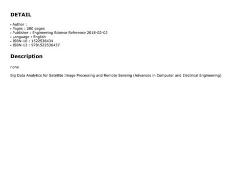 Big Data Analytics For Satellite Image Processing And Remote Sensing Advances In Computer And