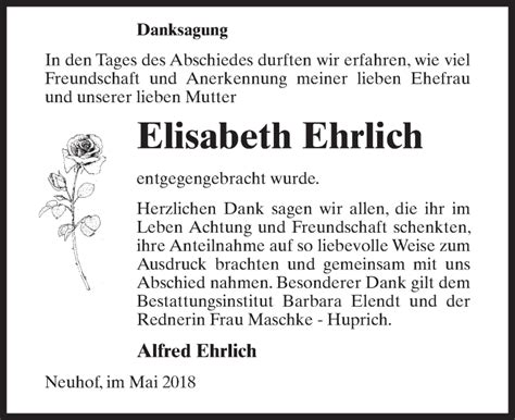 Traueranzeigen Von Elisabeth Ehrlich Trauer Anzeigende
