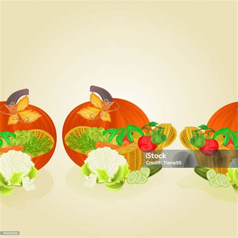 야채와 호박 기념 추수 감사절 건강 영양 빈티지 벡터 일러스트 레이 션 편집 가능한 국경 원활한 배경 바구니 가을에 대한 스톡 벡터 아트 및 기타 이미지 Istock