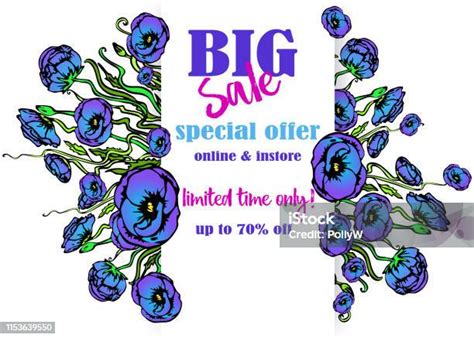 보라색 파란색 꽃 꽃다발 흰색 배경에 웹 및 인쇄에 대 한 큰 판매 마인드 템플릿입니다 창조적 인 벡터 디자인 양 귀 비 꽃 개념 우아한 0명에 대한 스톡 벡터 아트 및