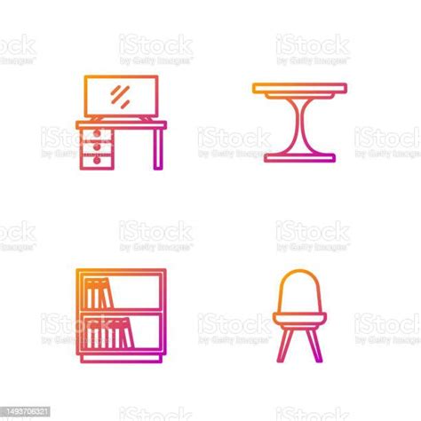 세트 라인 의자 도서관 책장 Tv 테이블 스탠드 및 라운드 그라데이션 색상 아이콘입니다 벡터 가구에 대한 스톡 벡터 아트 및 기타 이미지 Istock