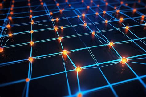 Futuristic Abstract Blue Network Grid With Glowing Orange Nodes Symbolizing Hightech