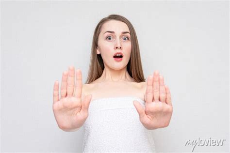 Afraid Woman Shows Sign Of Stop Naked Girl In Towel In Bathroom