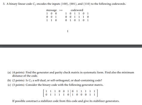 solved 3 a binary linear code c1 encodes the inputs 100