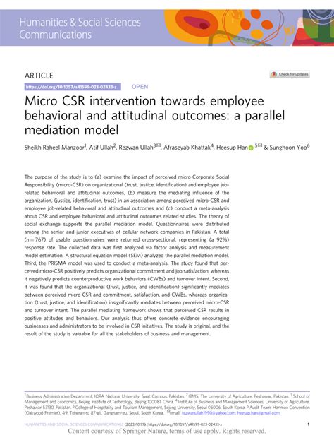 Pdf Micro Csr Intervention Towards Employee Behavioral And Attitudinal Outcomes A Parallel