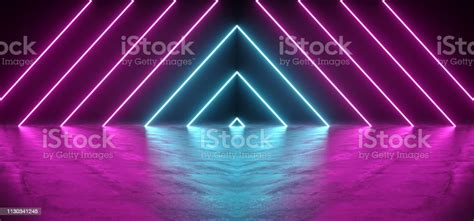 미래의 공상 과학 추상 파란색과 보라색 네온 빛 모양 검은 배경과 텍스트 3d 렌더링에 대 한 빈 공간을 가진 반사 콘크리트에 네온에 대한 스톡 사진 및 기타 이미지