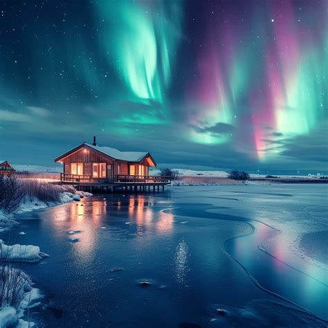 Free Aurora Over Cabin Photo Aurora Cabin Night Download At Stockcake
