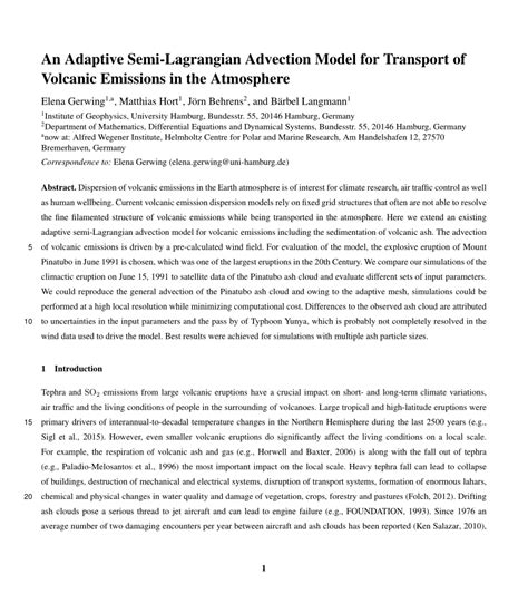 Pdf An Adaptive Semi Lagrangian Advection Model For Transport Of Volcanic Emissions In The