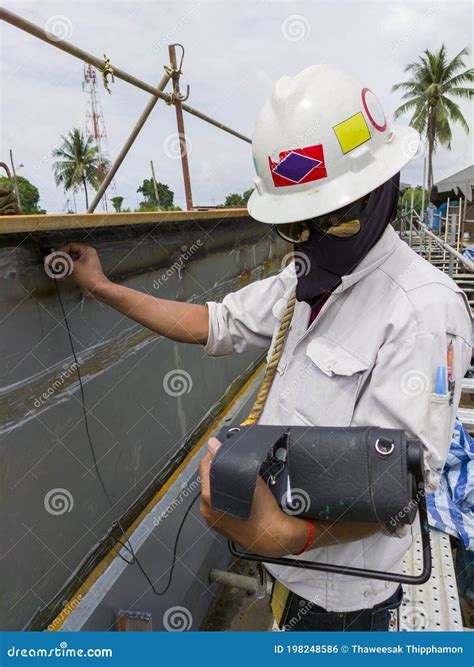 The Inspectors Are Checking Defect In Welded At Butt Joint With Process Ultrasonic Testing Ut Of