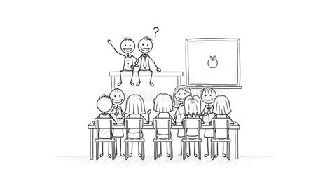 Stick Figure Class Presentation With Raised Hand On White Background A Stylized Black And White