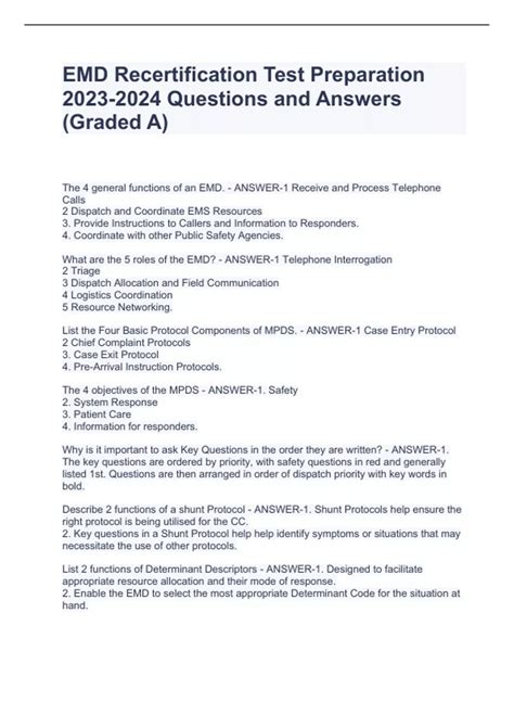 Emd Recertification Test Preparation Questions And Answers Graded A Emd Emergency Medical Emd Recertification Test Preparation Questions And Answers Graded A Emd Emergency Medical