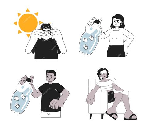 웹 Ui 디자인을 위한 열사병 2d 플랫 Bw 만화 캐릭터의 여름 단색 개념 벡터 자리 그림 세트의 과열된 탈수 열파 격리 편집