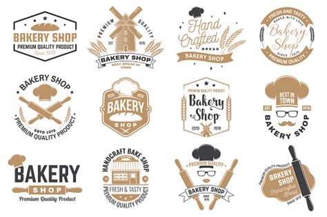 베이커리 숍 배지 세트 배지 셔츠 라벨 인쇄 스탬프 티에 대한 벡터 개념 풍차 롤링 핀 반죽 밀 귀 실루엣으로 디자인 레스토랑 아이덴티티 오브젝트 포장 메뉴 빵집에 대한