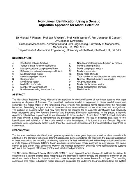 Pdf Non Linear Identification Using A Genetic Algorithm Approach For Model Selection